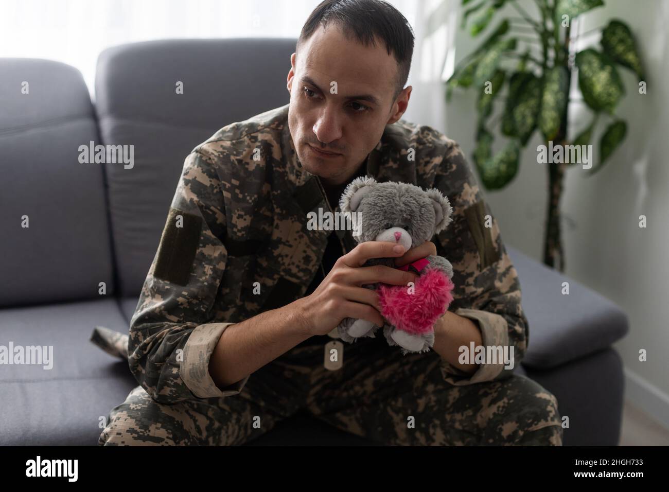 Upset soldier remembering terrifying war, suffering ptsd, psychological ...
