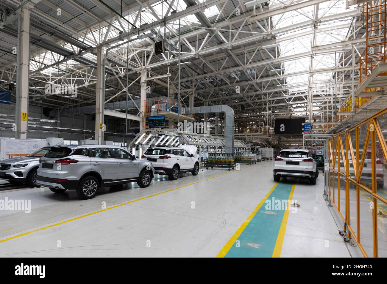 Automobile production line. Modern car assembly plant. Interior of a ...