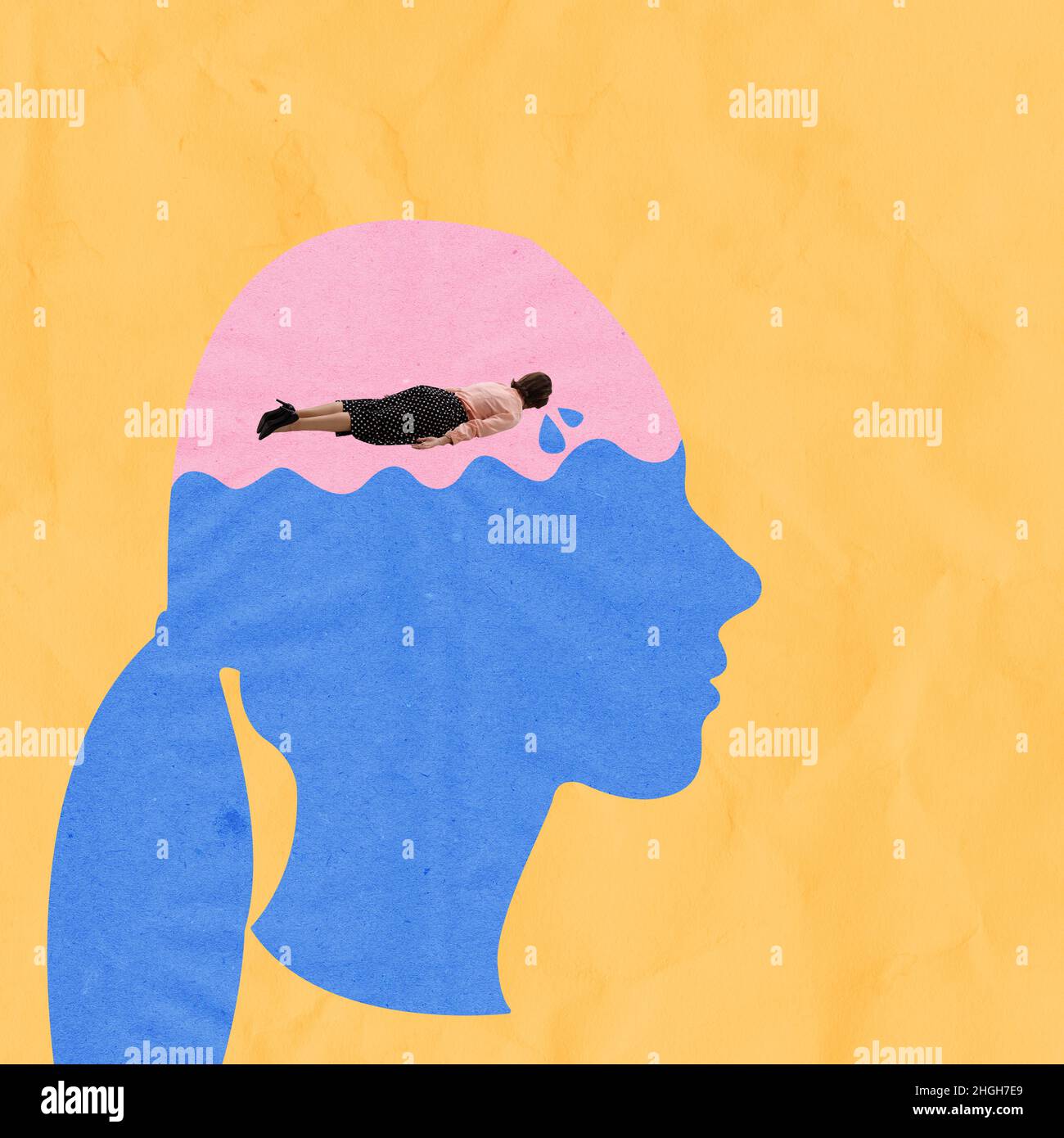 Contemporary artcollage. Crying young woman lying inside of giant drawn ...