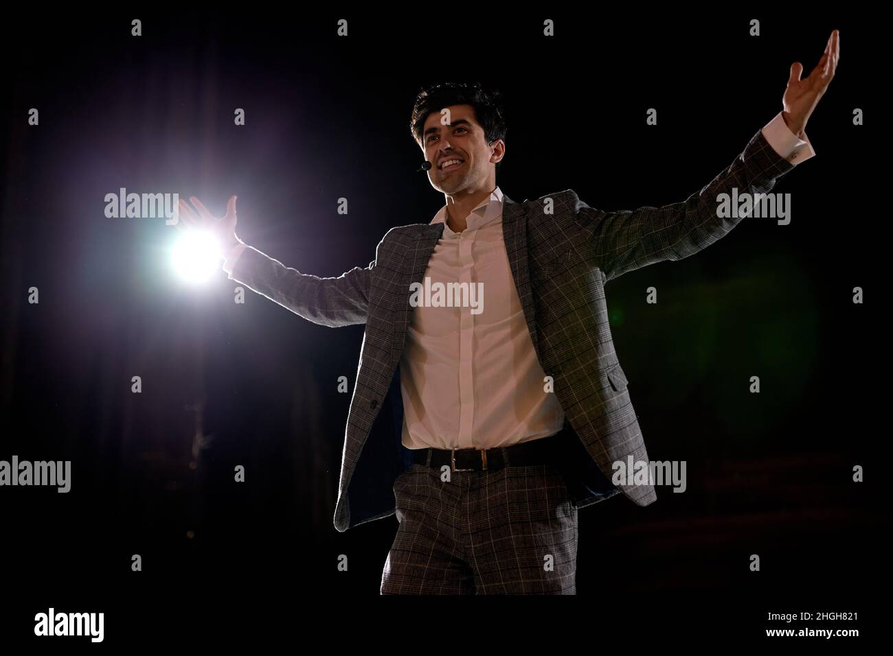 young caucasian european actor performing a monologue in theater to ...