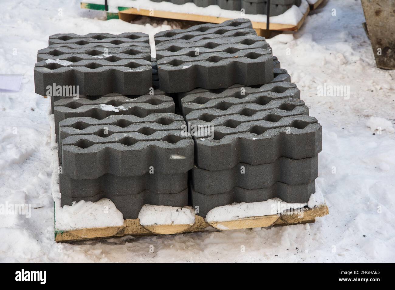 Paving stones in a package. Paving stones Road construction background ...