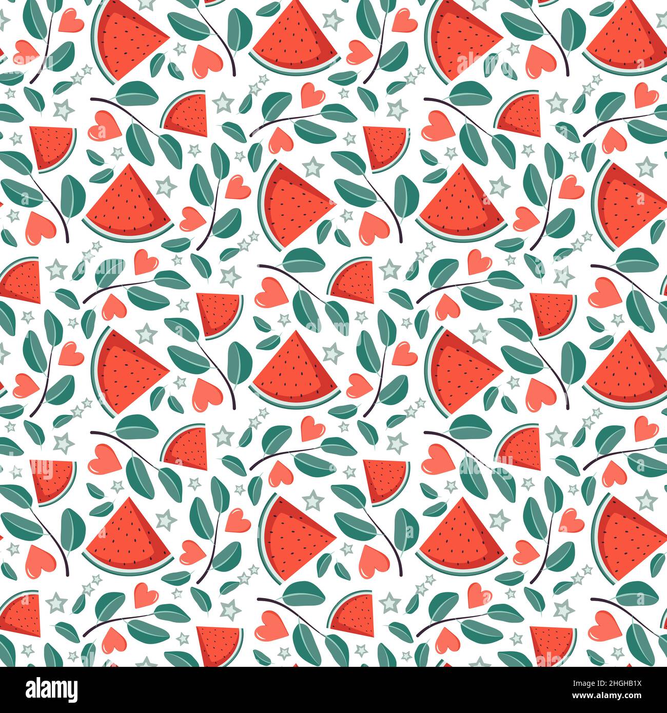 Cute seamless pattern with watermelon, hearts, star and leaves. Festive ...