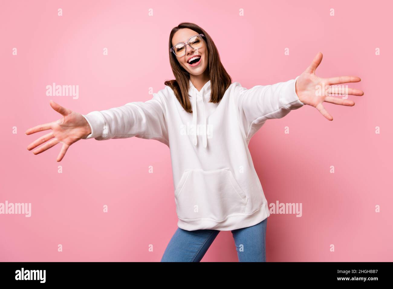 Photo of young attractive girl happy positive smile open arms welcome ...