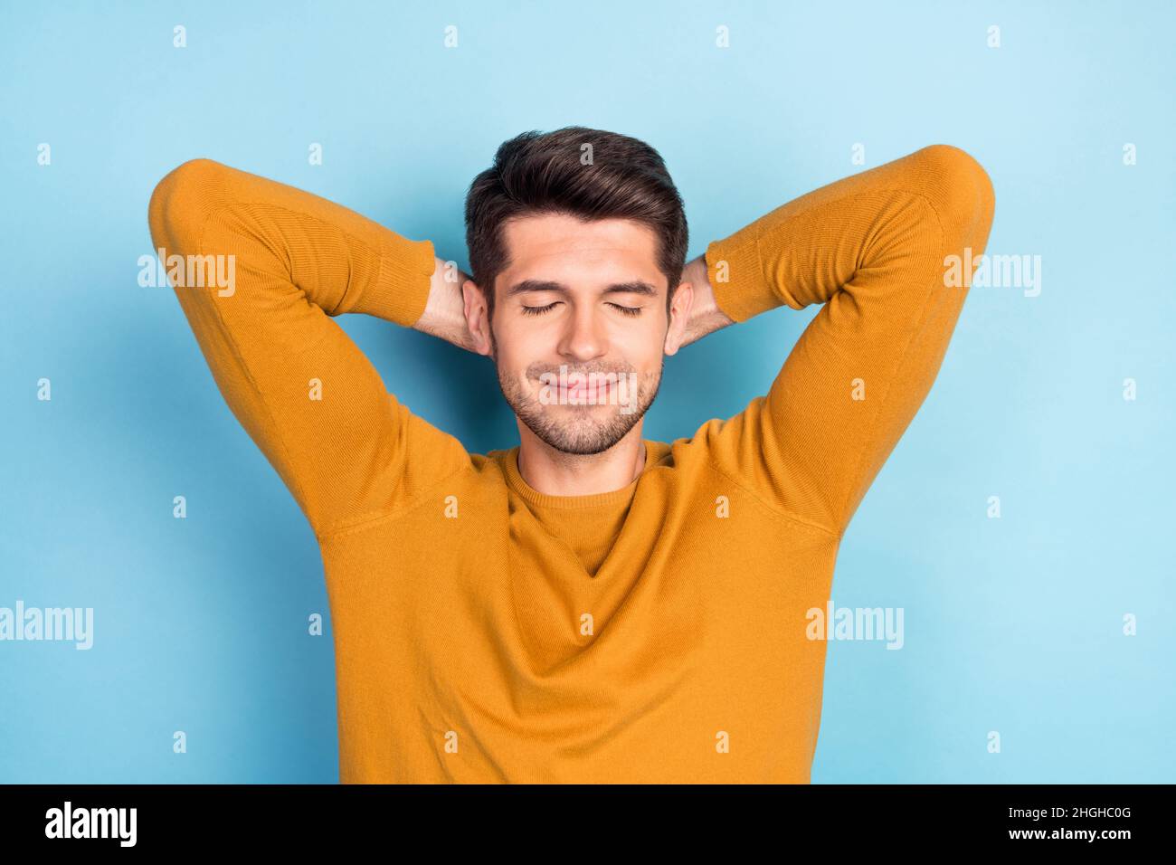 Photo of rest brunet millennial guy sleep wear brown shirt isolated on ...