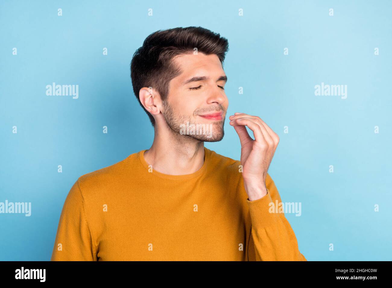 Profile side photo of young man happy positive smile show finger ...