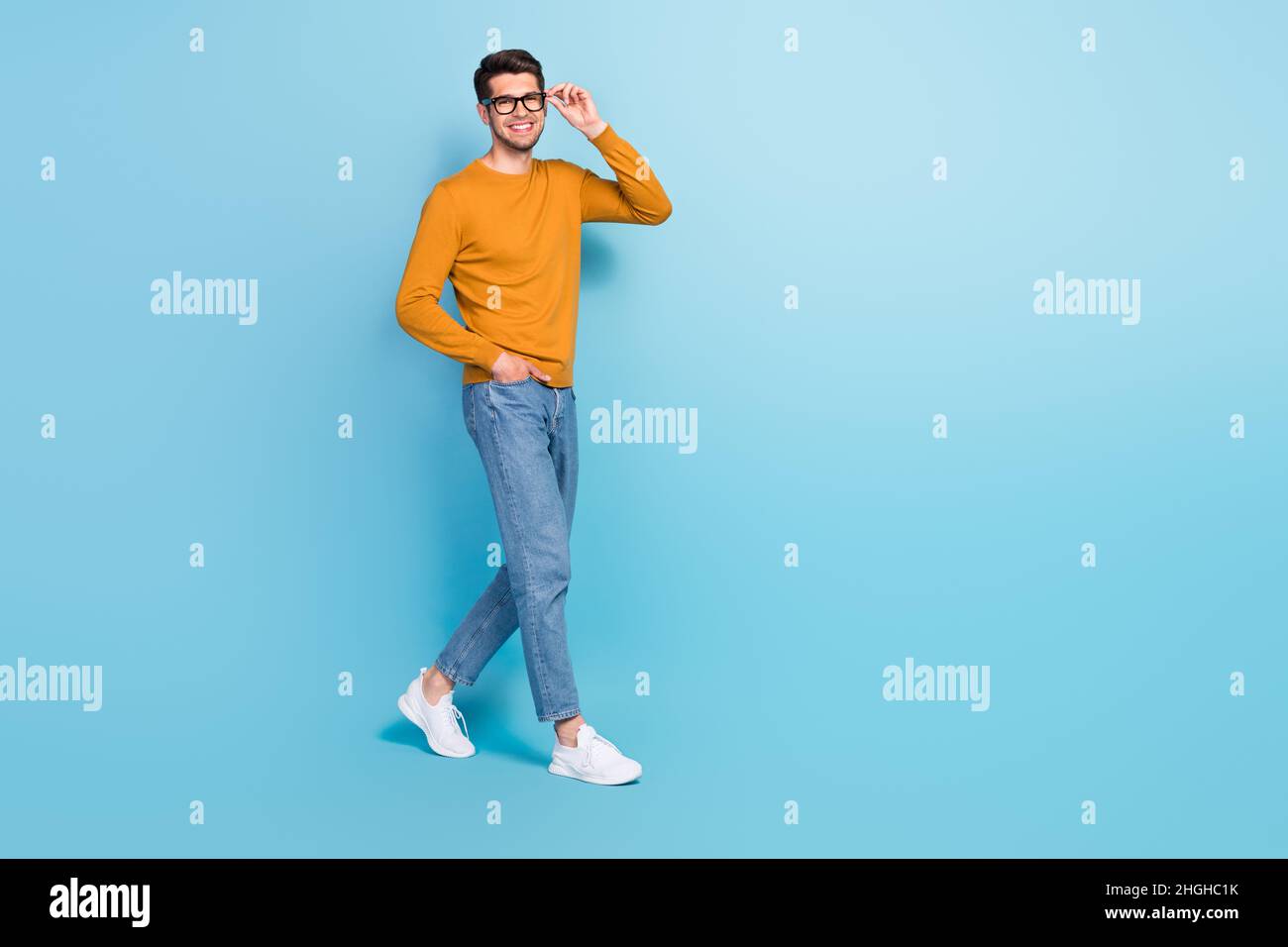 Full length profile side photo of young cheerful man happy positive ...
