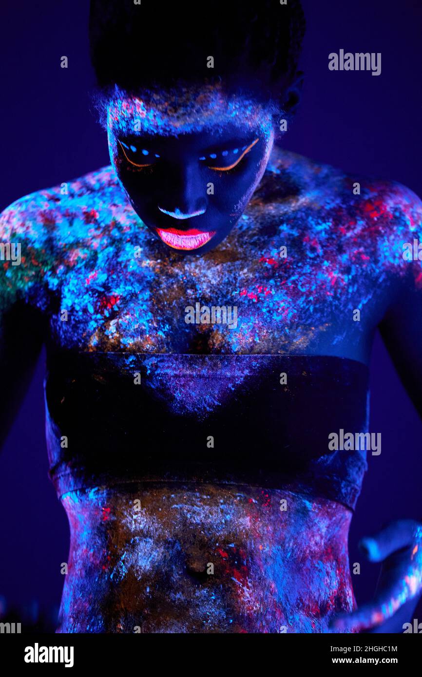 Slender Fascinating Black Female With Neon Body Art With Fluorescent ...