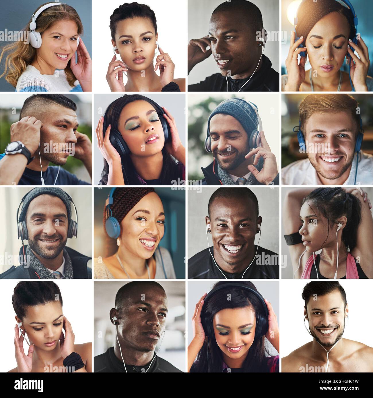 Listen to the beat. Composite image of a diverse group of people ...