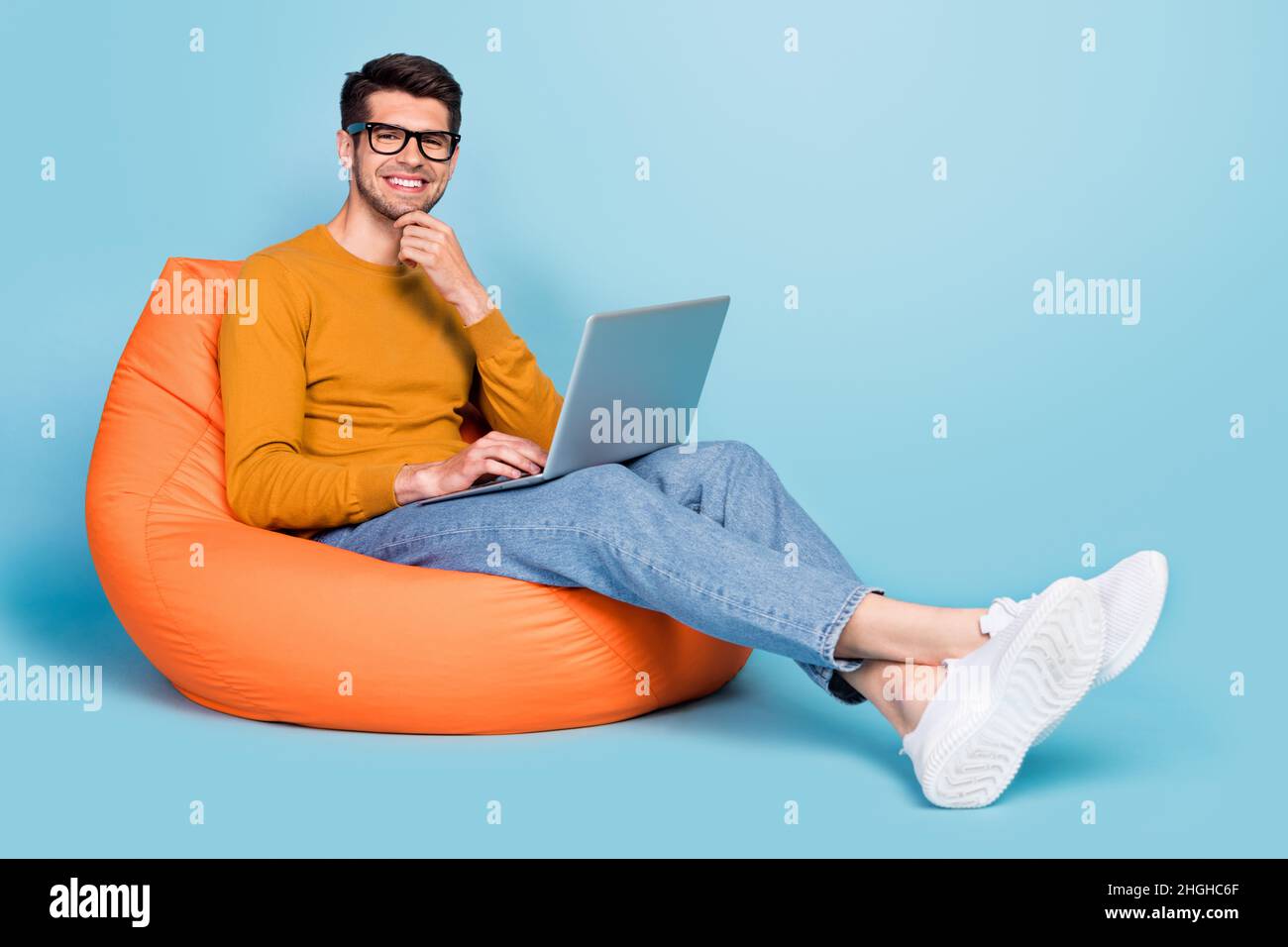 Full body profile side photo of young man happy positive smile ...