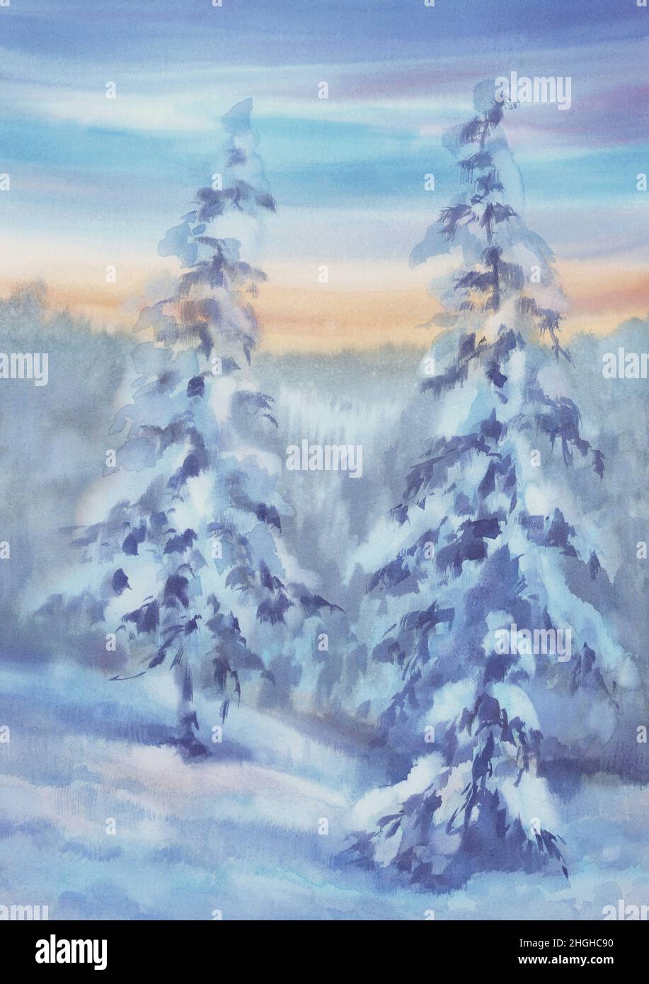 Forest trees in blue twilight watercolor background Stock Photo - Alamy