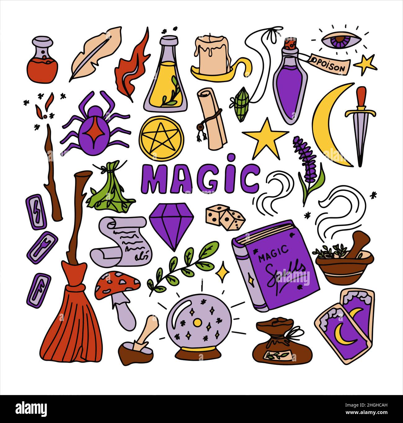 Magic hand drawn doodle set. Vector icons of magic items. Collection ...