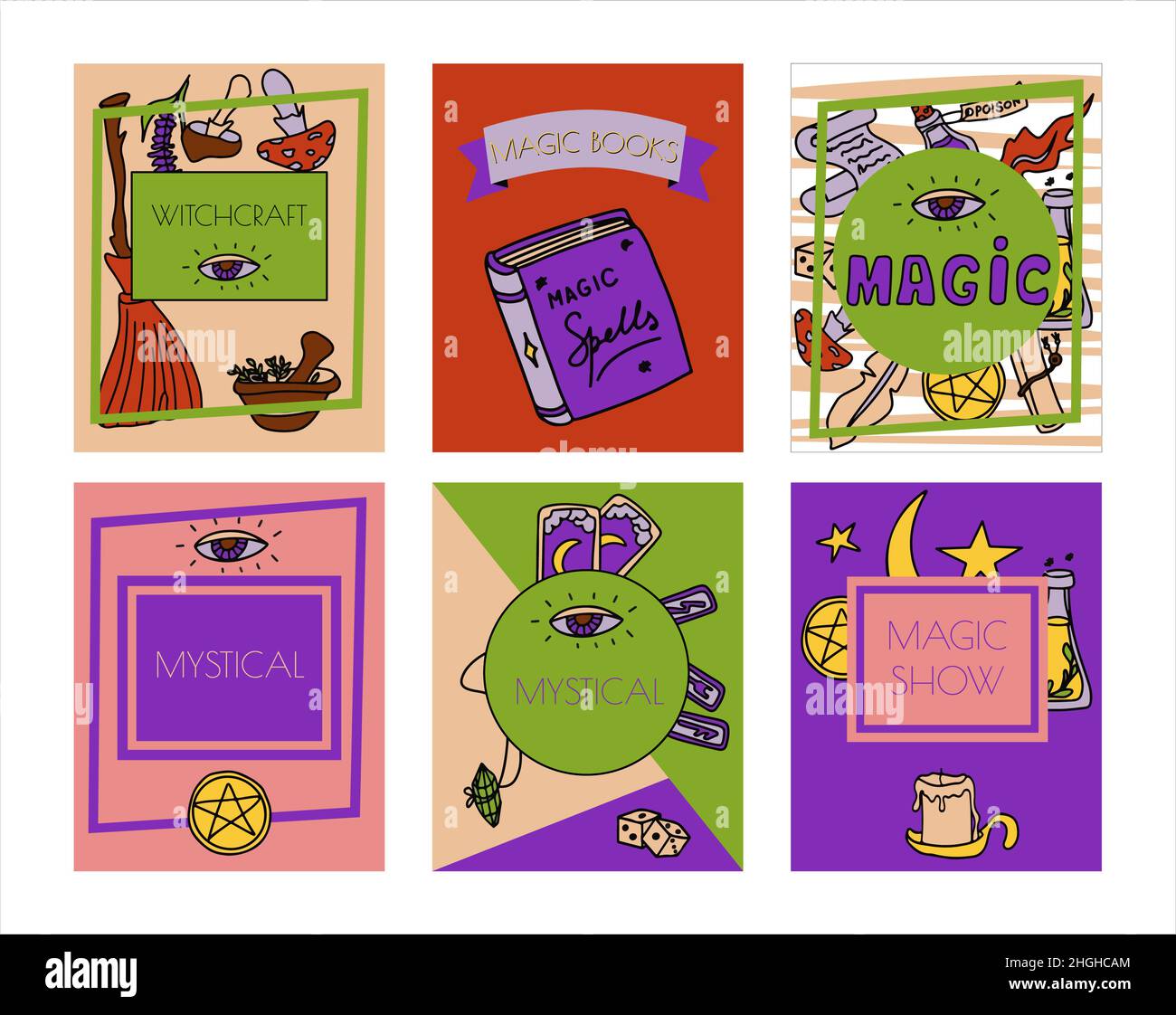 Magic hand drawn doodle banners. Vector icons of magic items ...