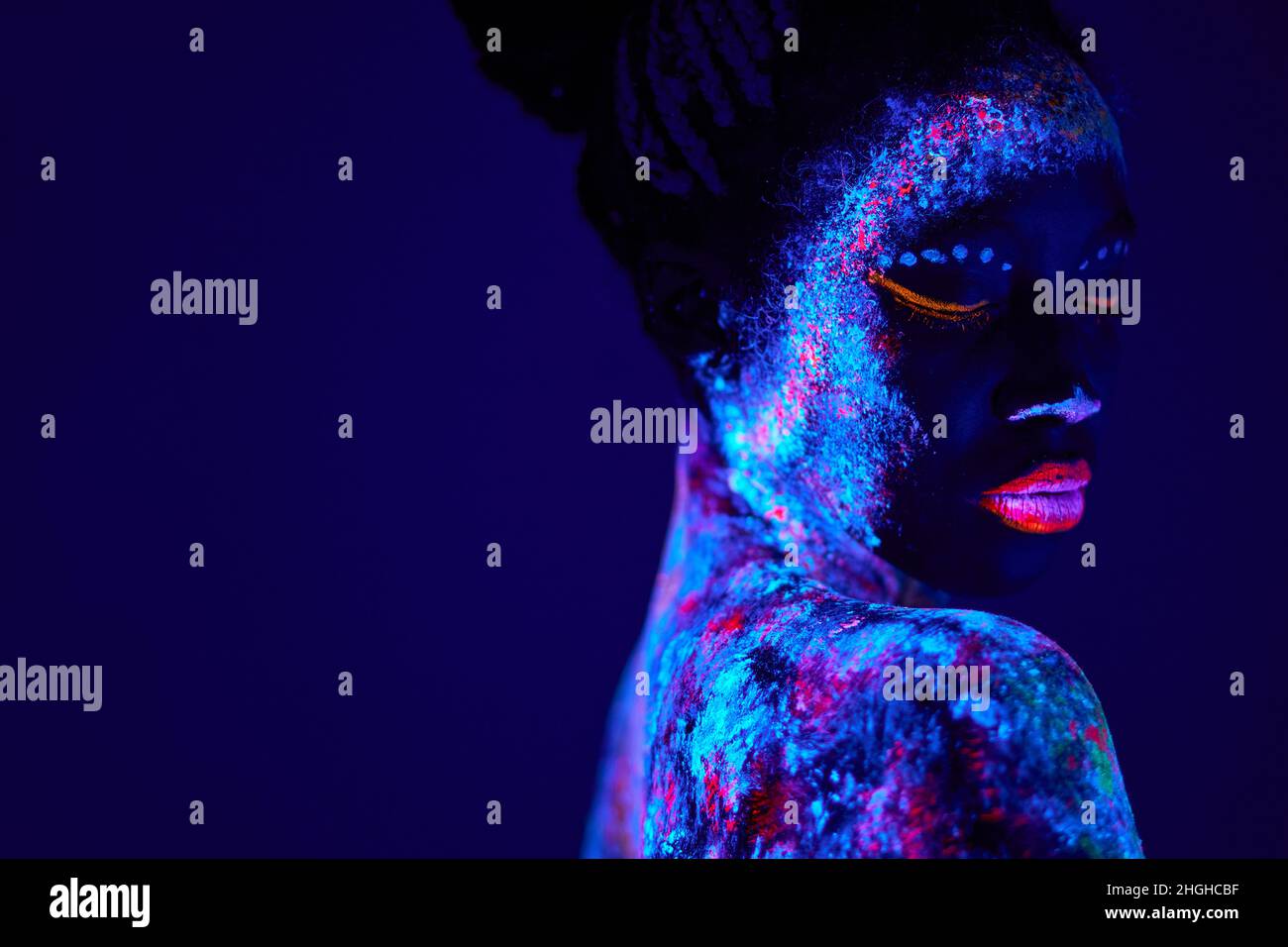 Slim Fascinating Black Female With Neon Body Art With Fluorescent ...