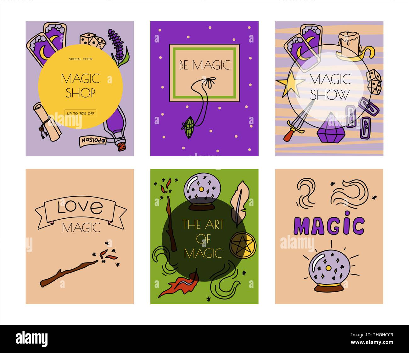 Magic hand drawn doodle banners. Vector icons of magic items ...