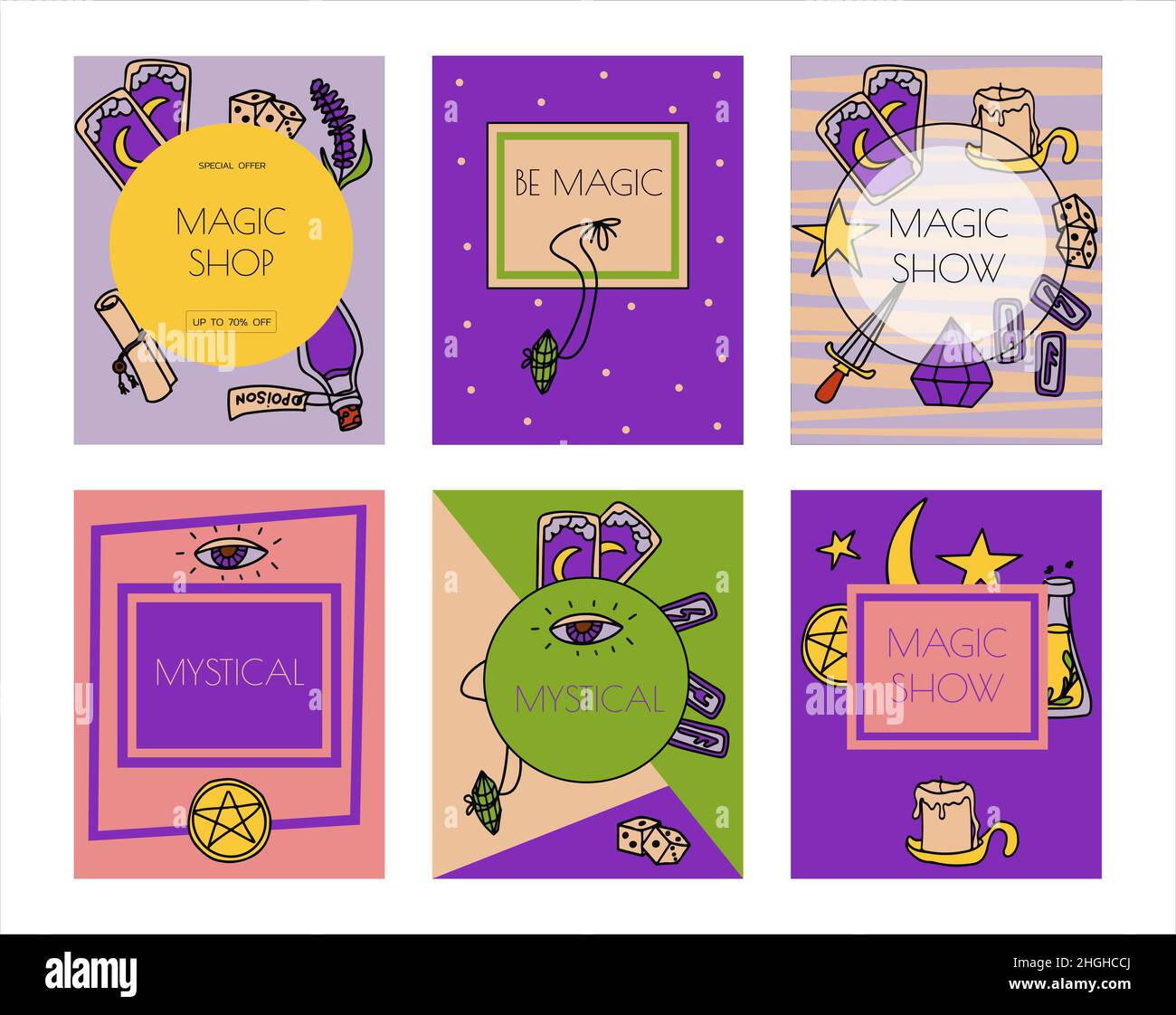 Magic hand drawn doodle banners. Vector icons of magic items ...