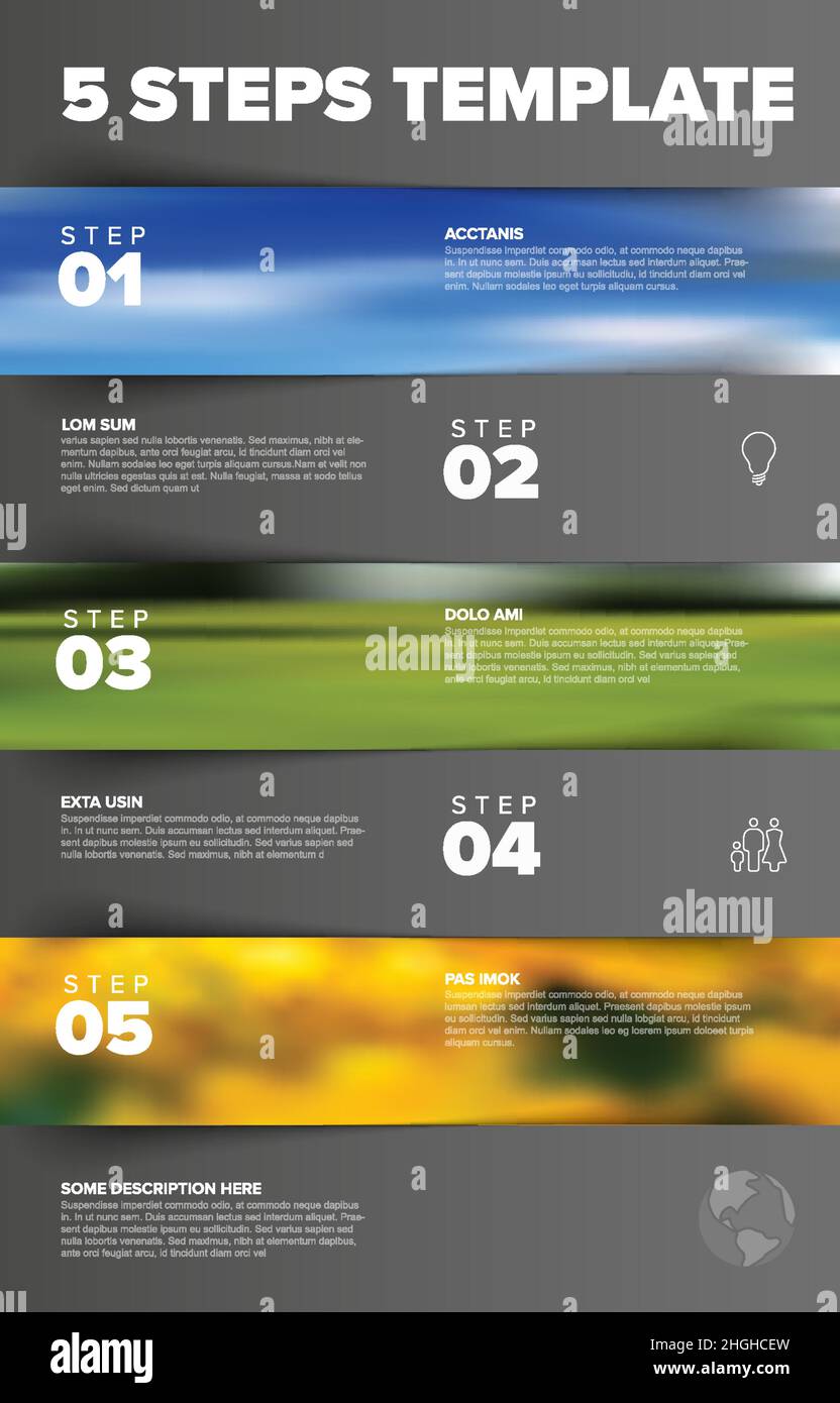 Five vector progress block steps template with descriptions, big ...