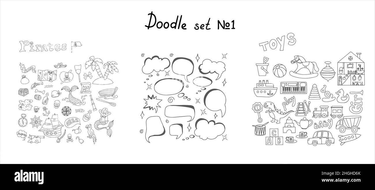 Vector doodle pirate, toys, speach bubbles sets. A map with a hand ...