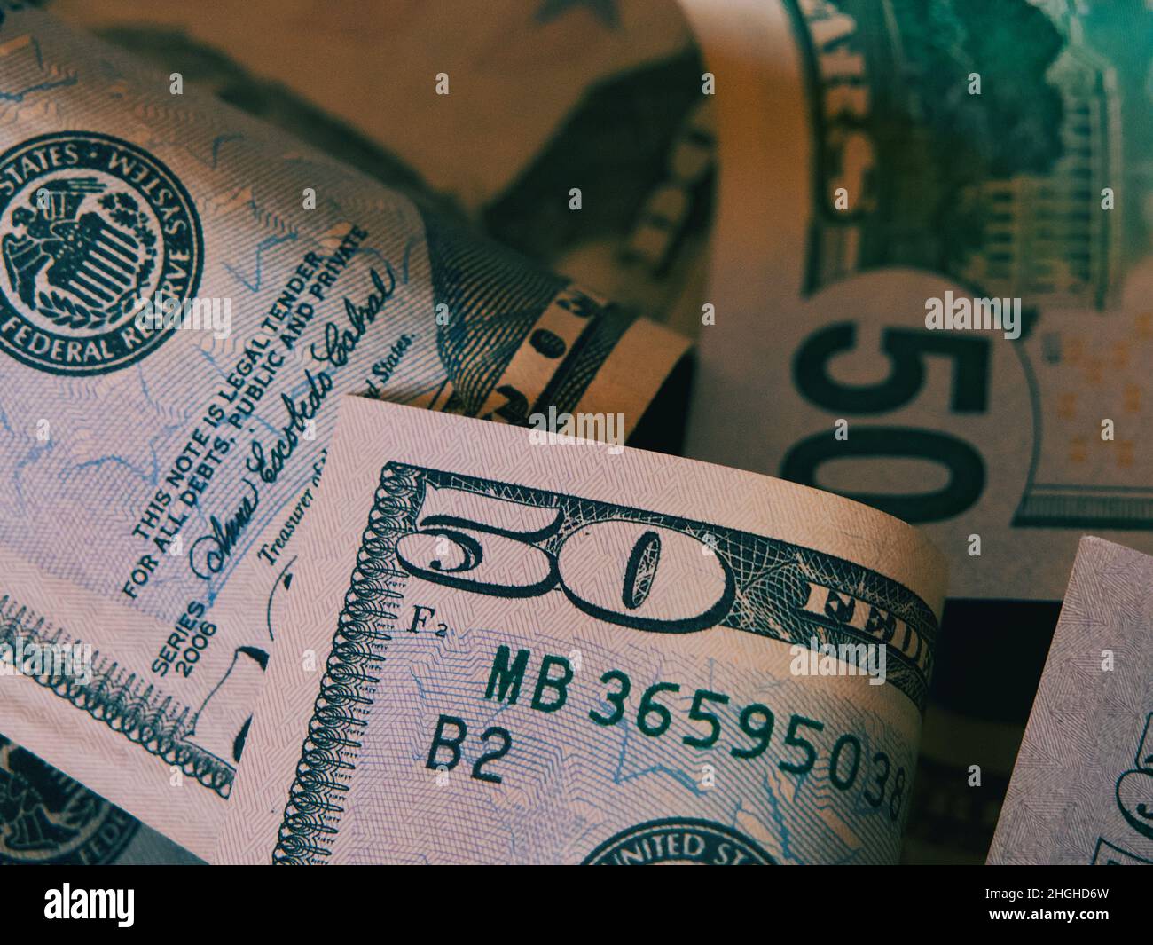 Banknotes with a face value of 50 dollars close-up. American paper ...