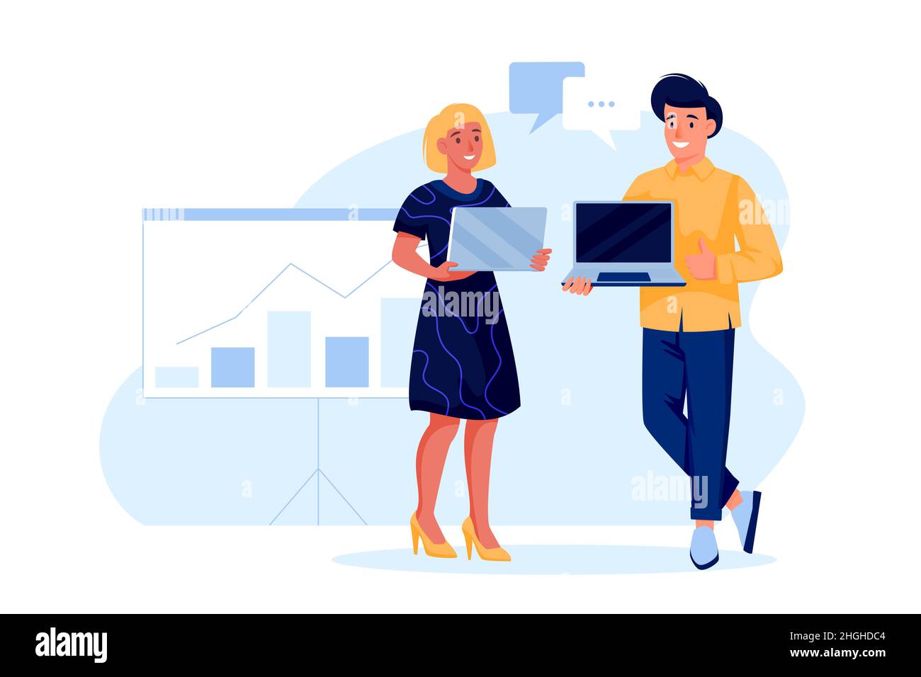 Young man and woman showing result of data analysis and advertisement ...