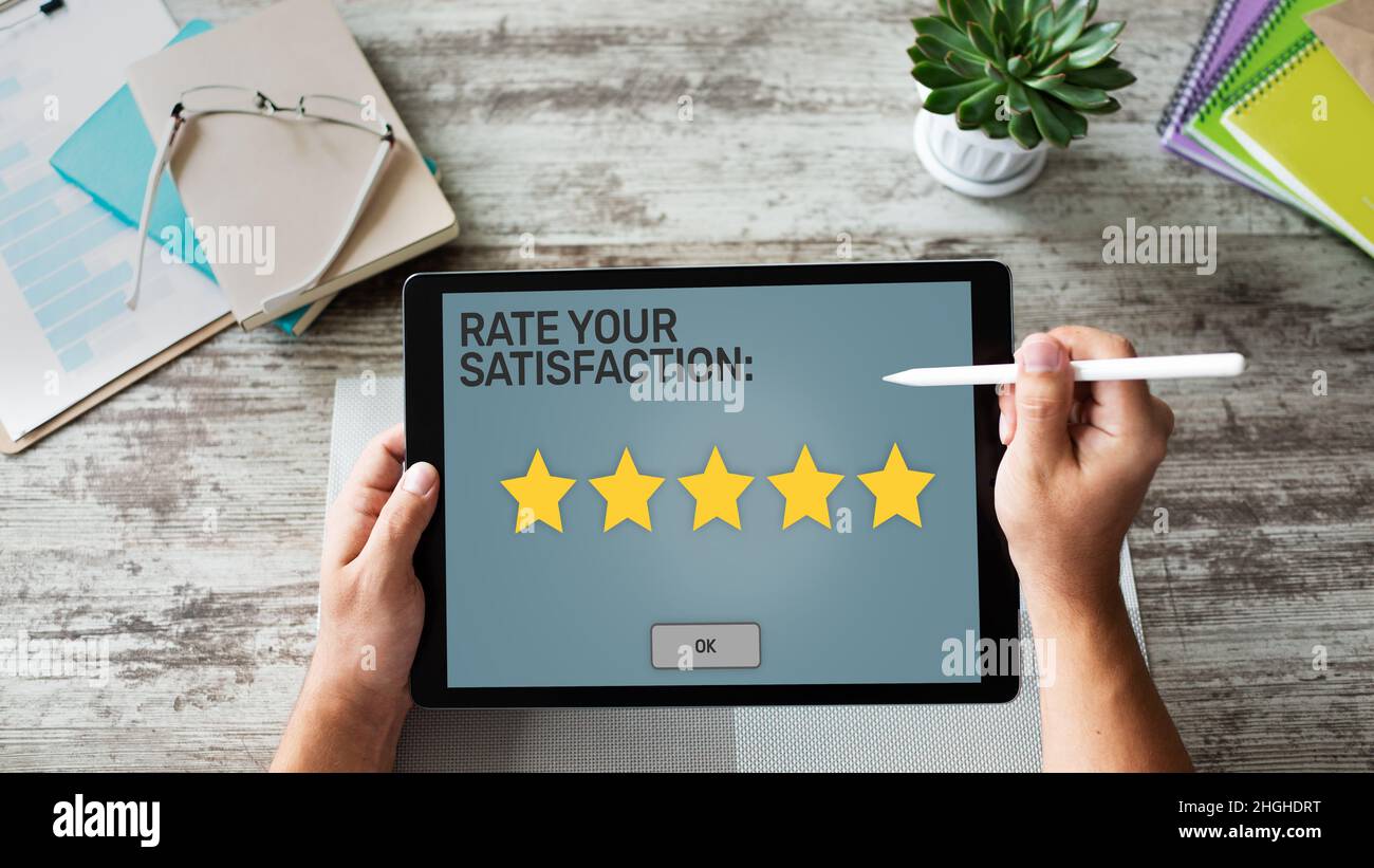 Rate your experience. Customer satisfaction review. Five star on device ...