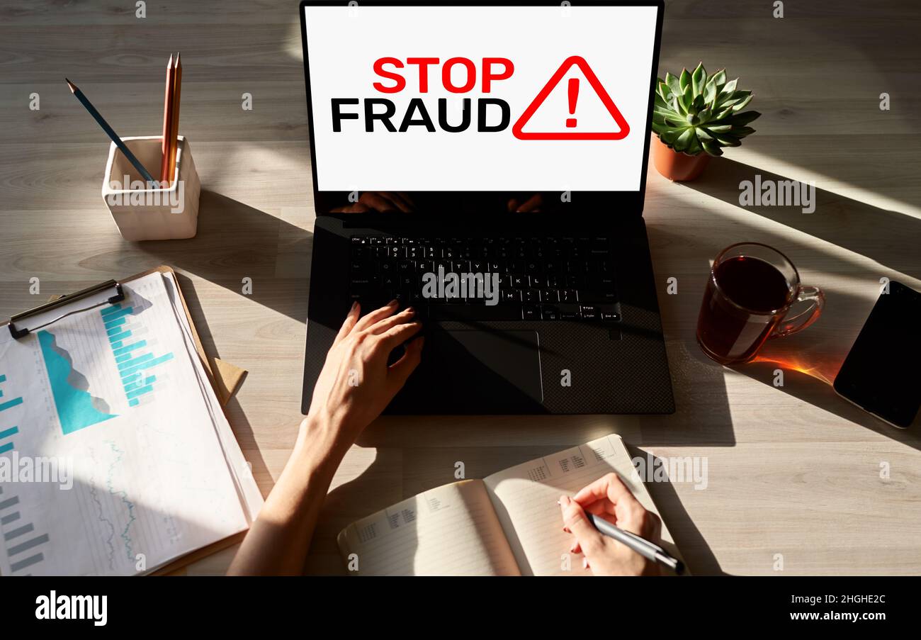 Stop Fraud banner on screen. Cybercrime and internet security concept ...
