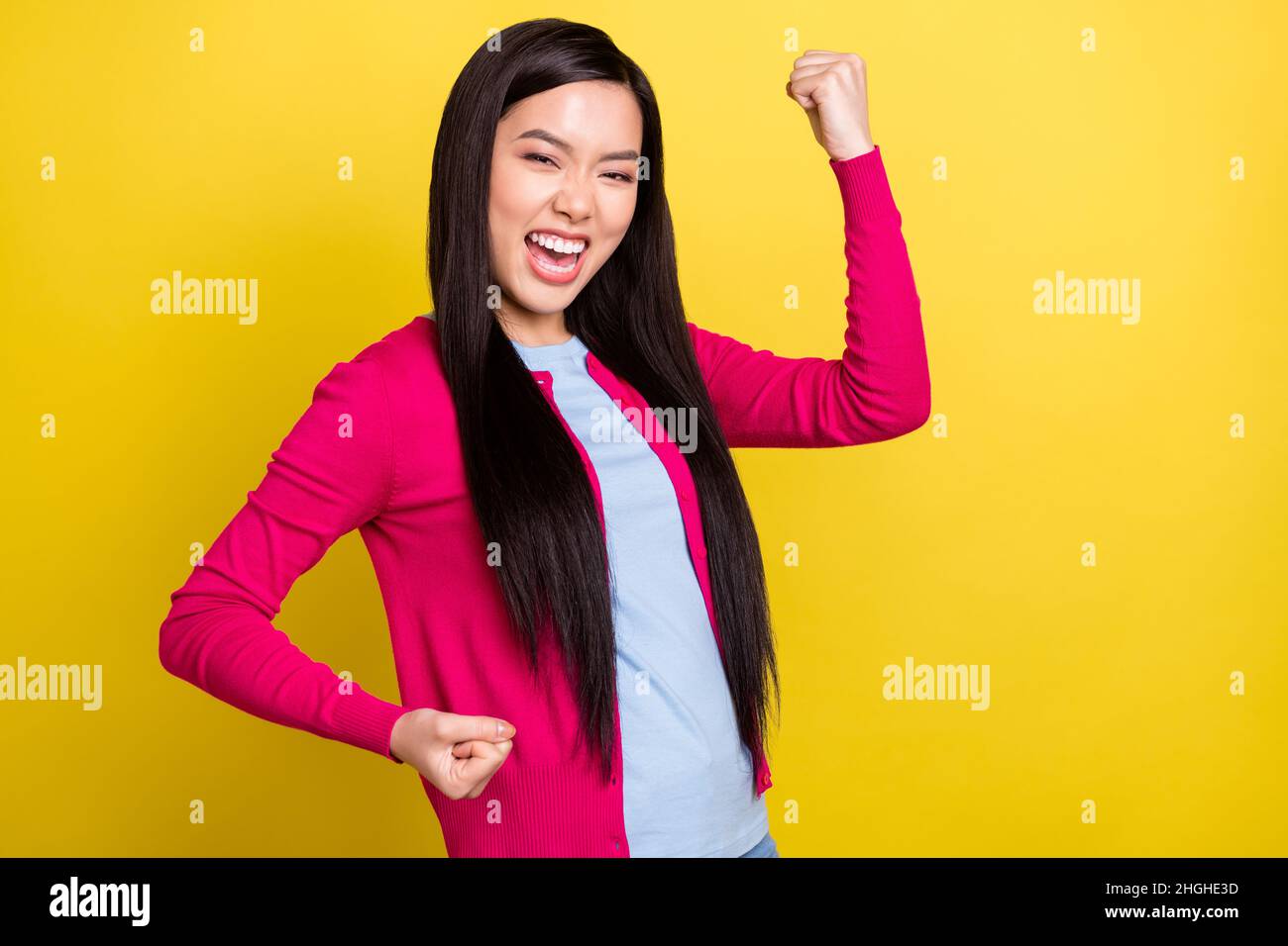 Photo of cheerful young happy nice woman winner fists celebrate luck ...