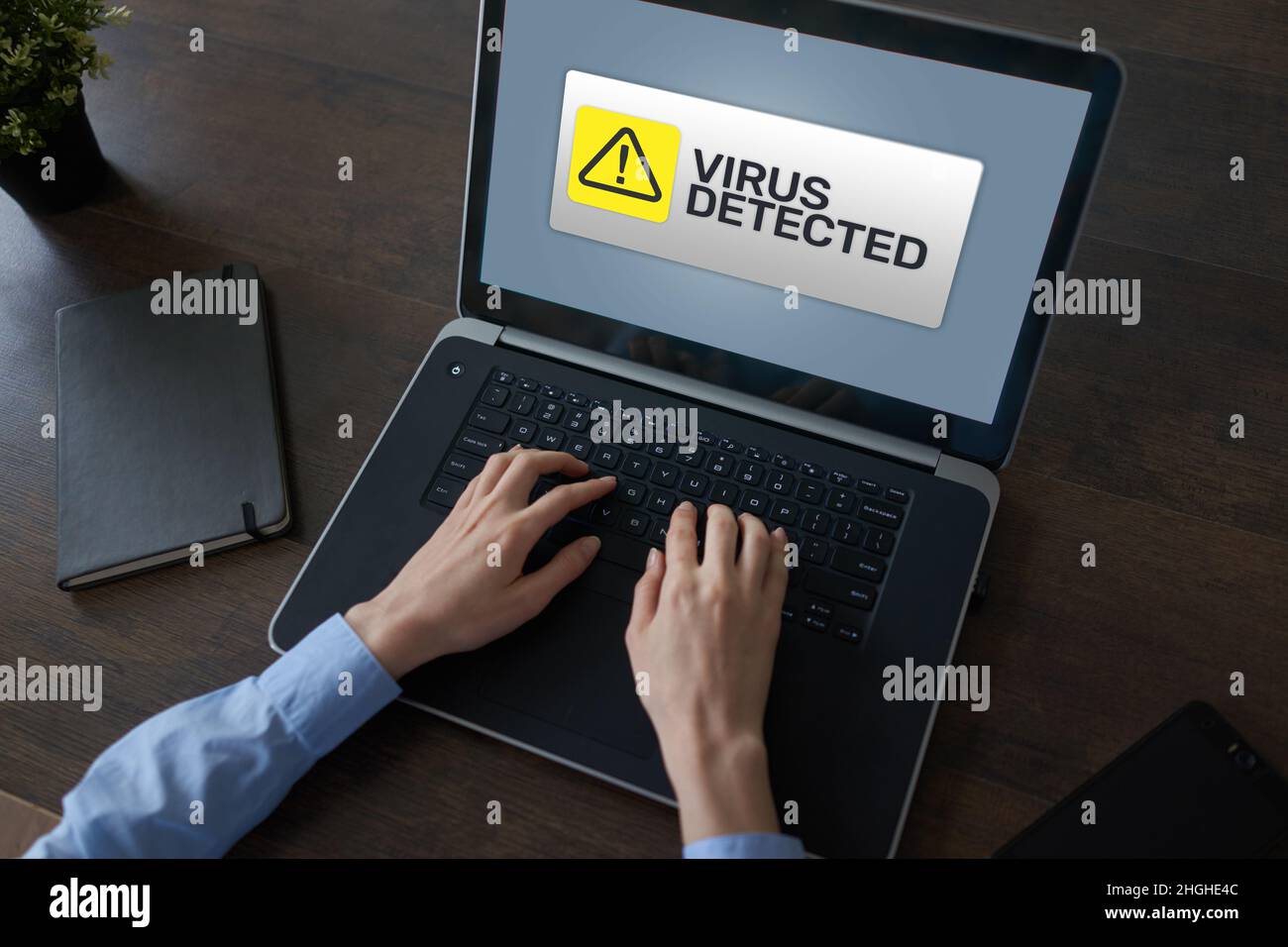 Virus Detected warning message on screen. Cyber security breach. Data ...