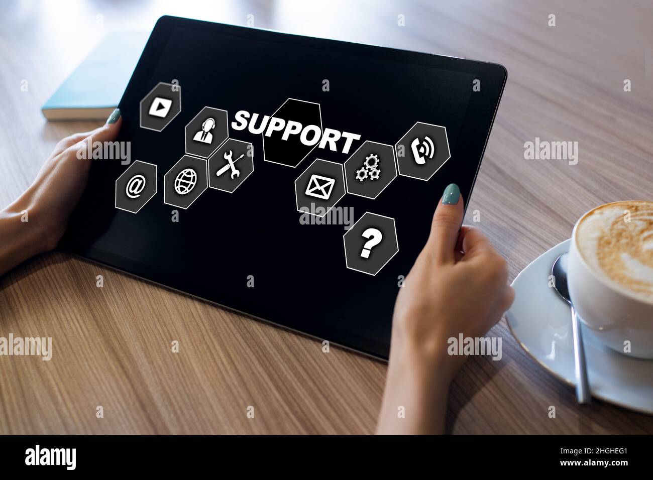 Technical support icons on screen. Call to help center. Internet and ...