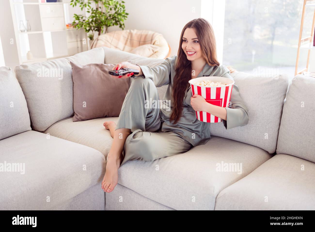 Full length profile side photo of young girl happy positive smile sit ...