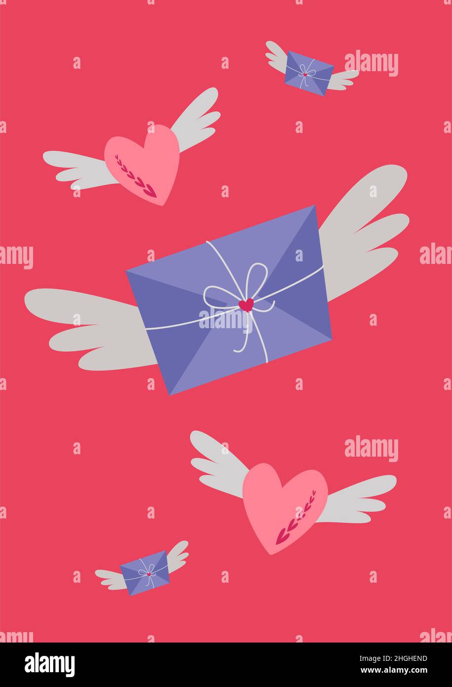 Hearts and letters with wings. Vector image in boho style. valentine's ...