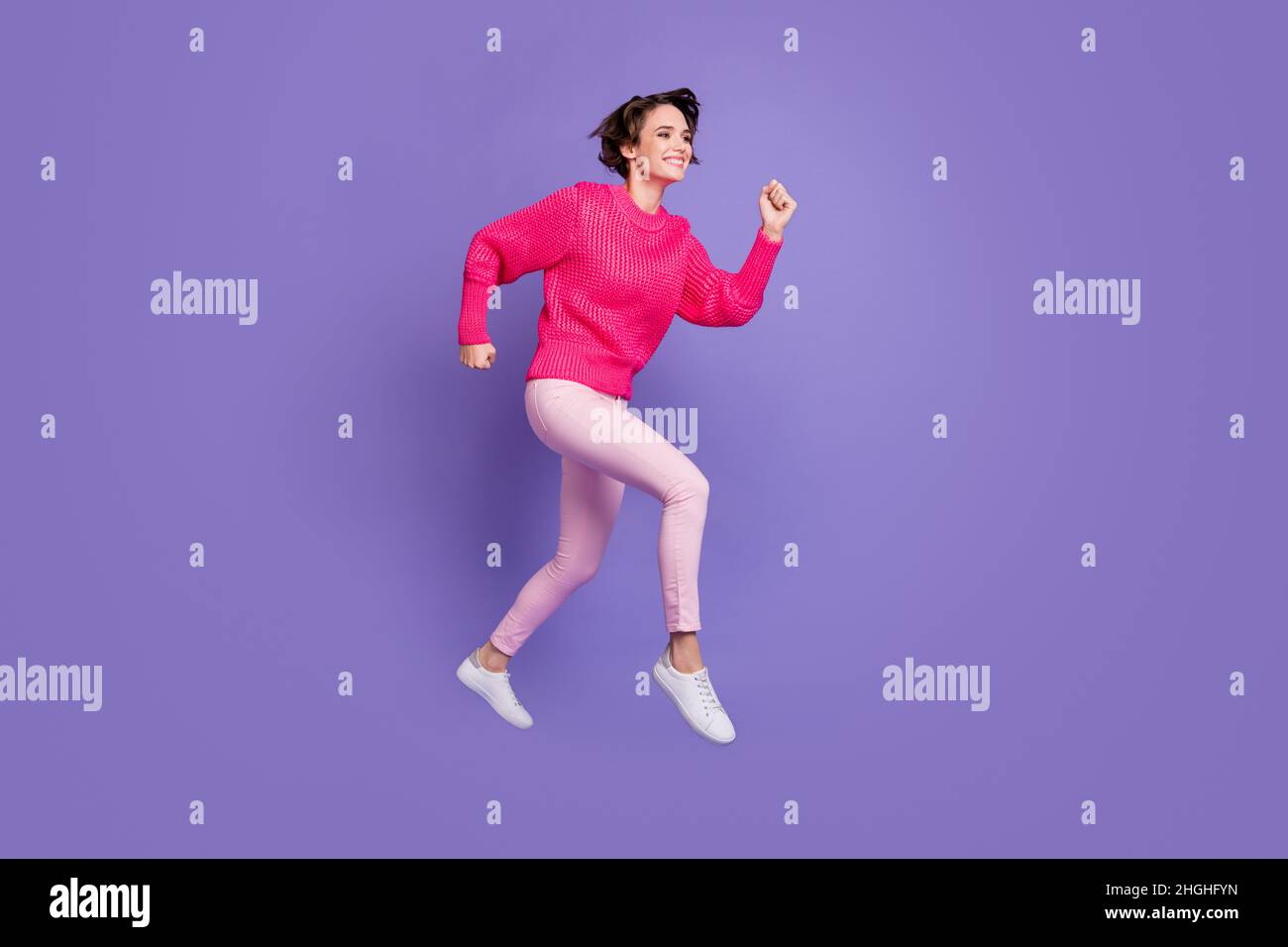 Full length profile side photo of young girl happy smile jump go run ...