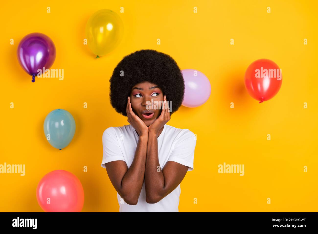 Photo of attractive afro american nice dream shocked lady look empty ...