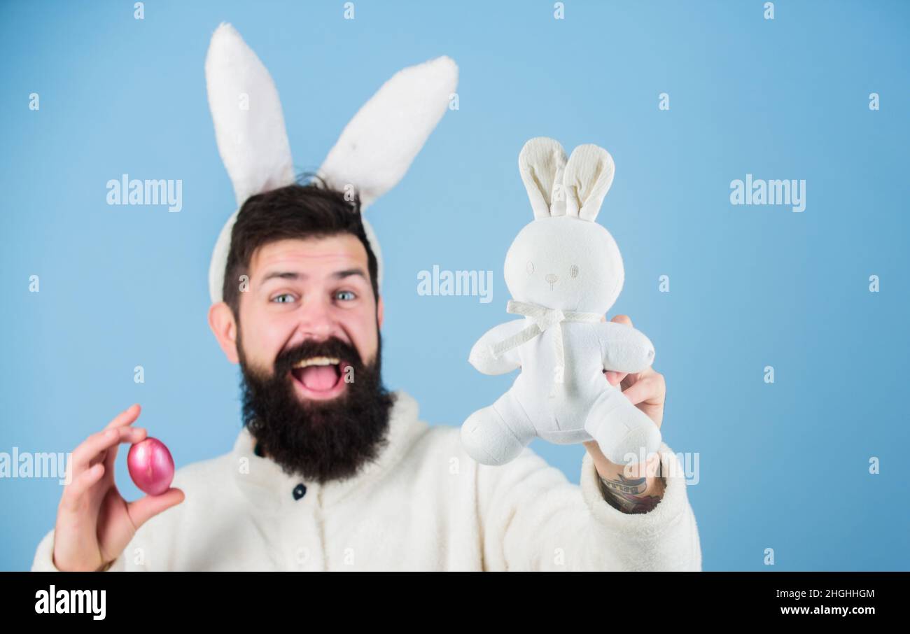 Funny bunny with beard and mustache. Join celebration. Bearded man wear bunny ears. Easter ...