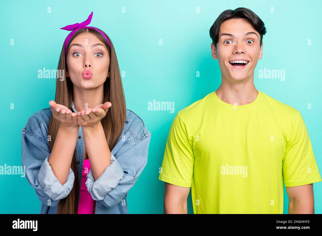 Photo of cute brunette millennial couple blow kiss wear yellow pink t ...