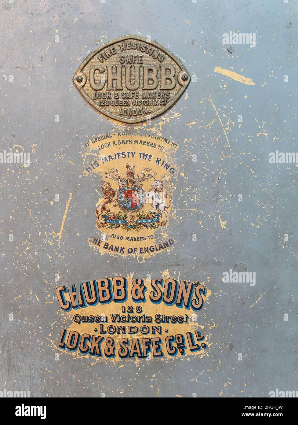 Door of old, worn safe manufactured by Chubb & Son's in London Stock ...
