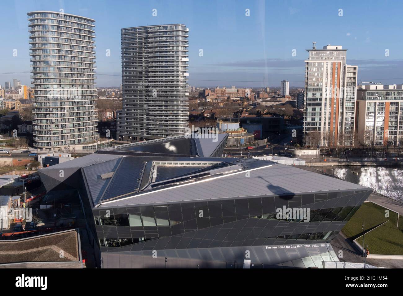 An aerial view from the Emirates Air Line cable car, of high-rise ...