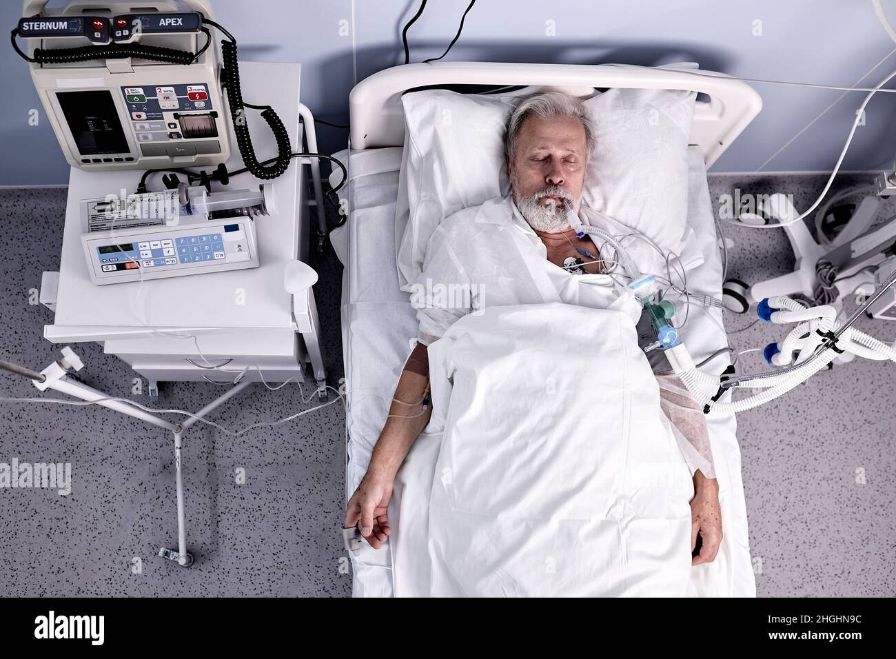 Sick Ill Elderly Patient Rests on Bed, Man Sleeping in Modern Hospital ...