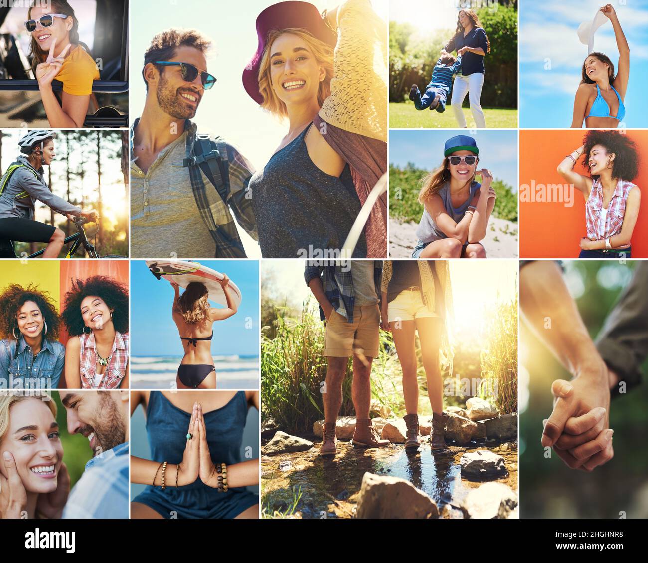 Outdoor fun. Composite image of a diverse group of smiling people Stock ...