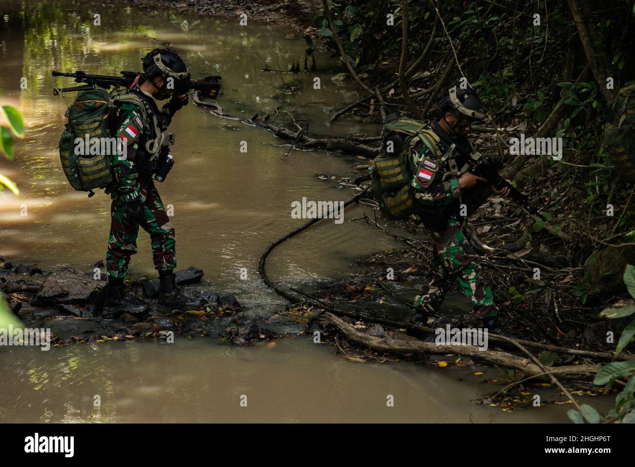 Tentara Nasional Indonesia (Indonesian Armed Forces) cross a river ...