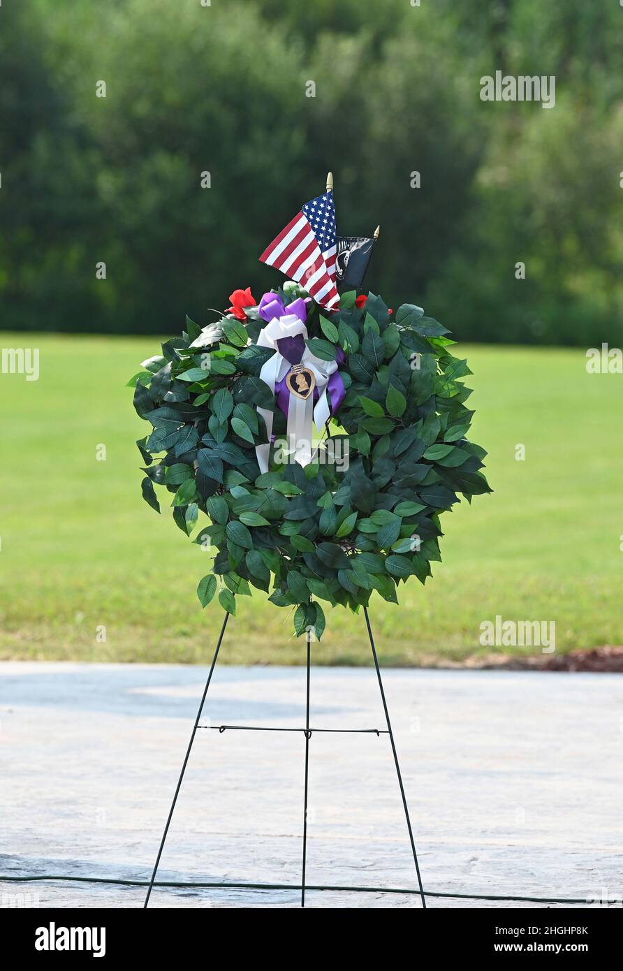 A Purple Heart display sits at a Memorial Dedication ceremony in ...