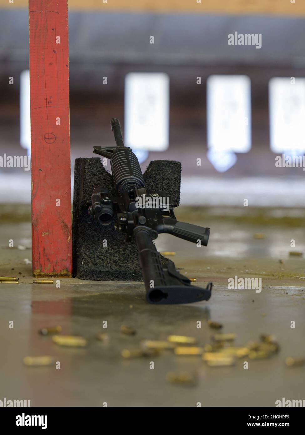 A M4 carbines rest on support blocks at the 116th Air Control Wing ...