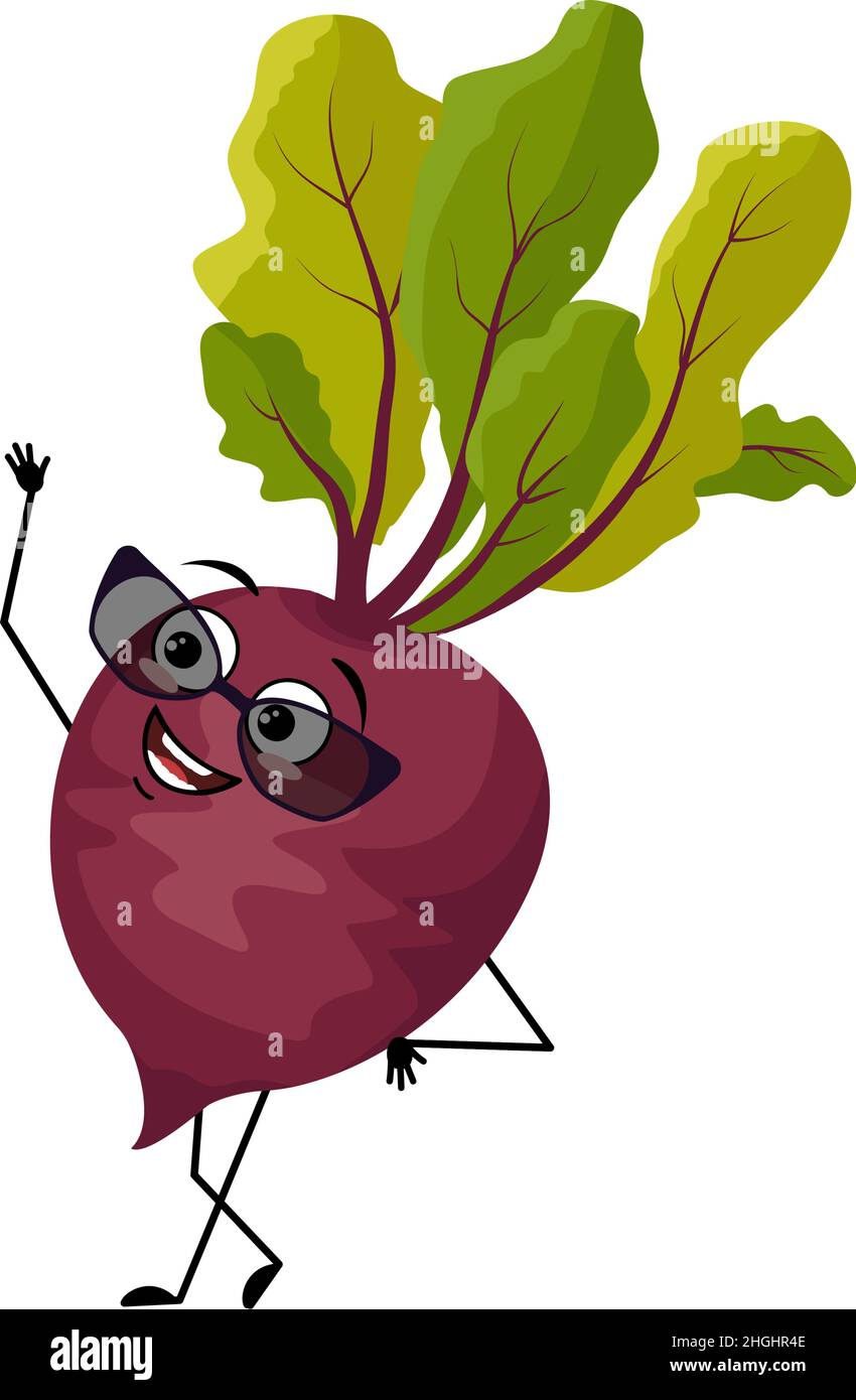 Beet character with happy emotion with glasses, joyful face, smile eyes ...