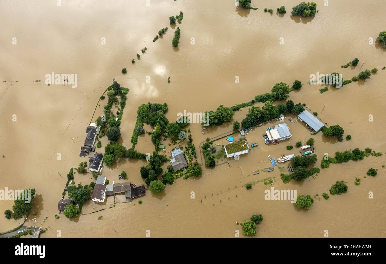 Aerial view, Ruhr flood, flooded houses, near the floating bridge, Ruhr ...