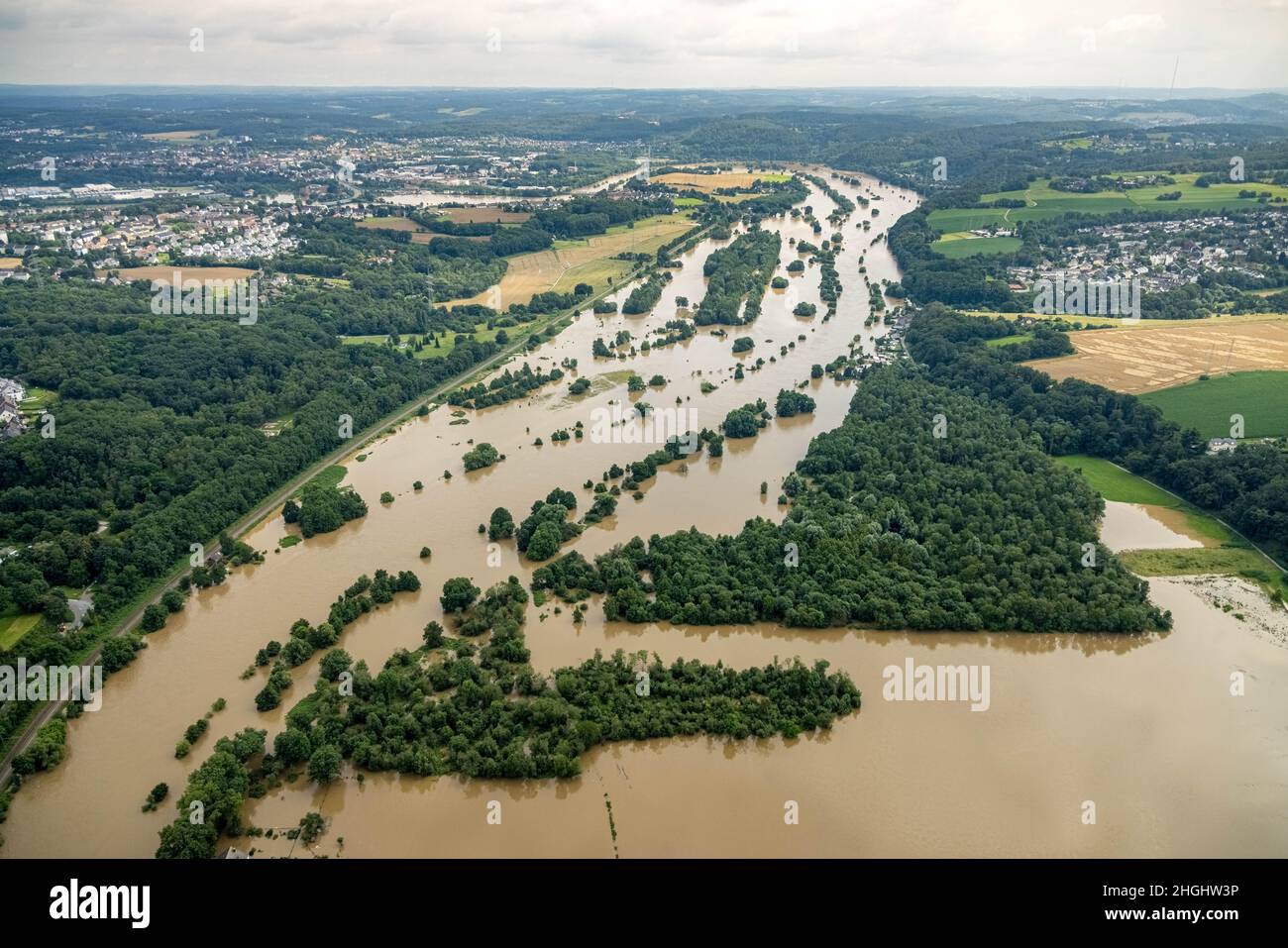 Aerial view, Ruhr flood, flooded houses, near the floating bridge, Ruhr ...