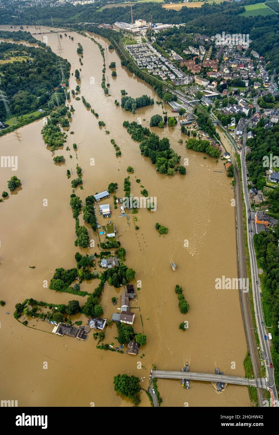 Aerial view, Ruhr flood, flooded houses, near the floating bridge, Ruhr ...
