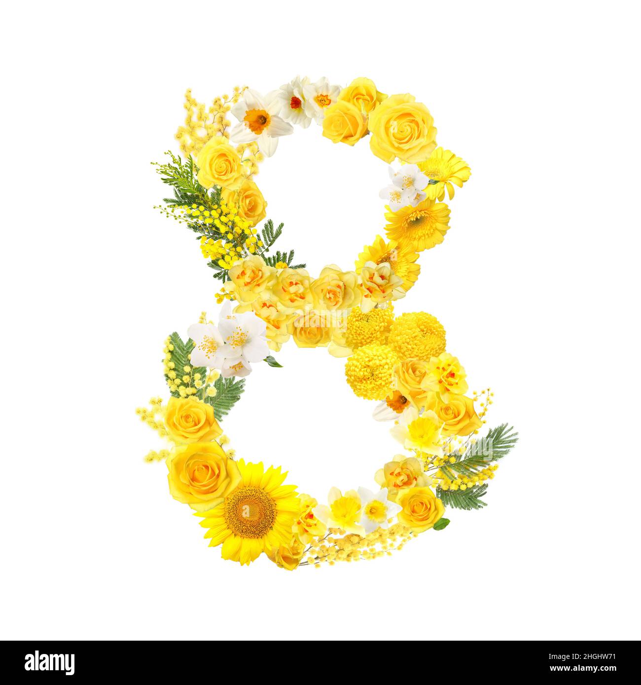 Figure 8 made of beautiful yellow flowers on white background Stock ...