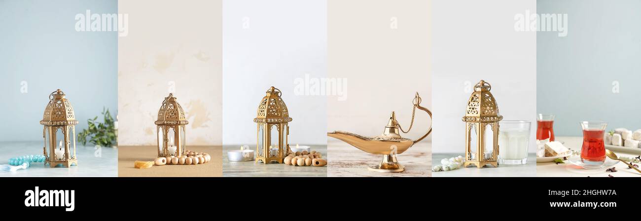 Traditional Muslim lamps with tea and tasbih on light background ...