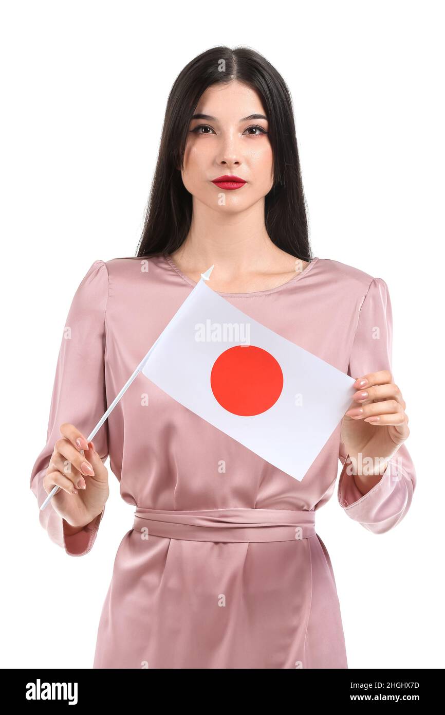 Beautiful young woman with flag of Japan isolated on white Stock Photo ...