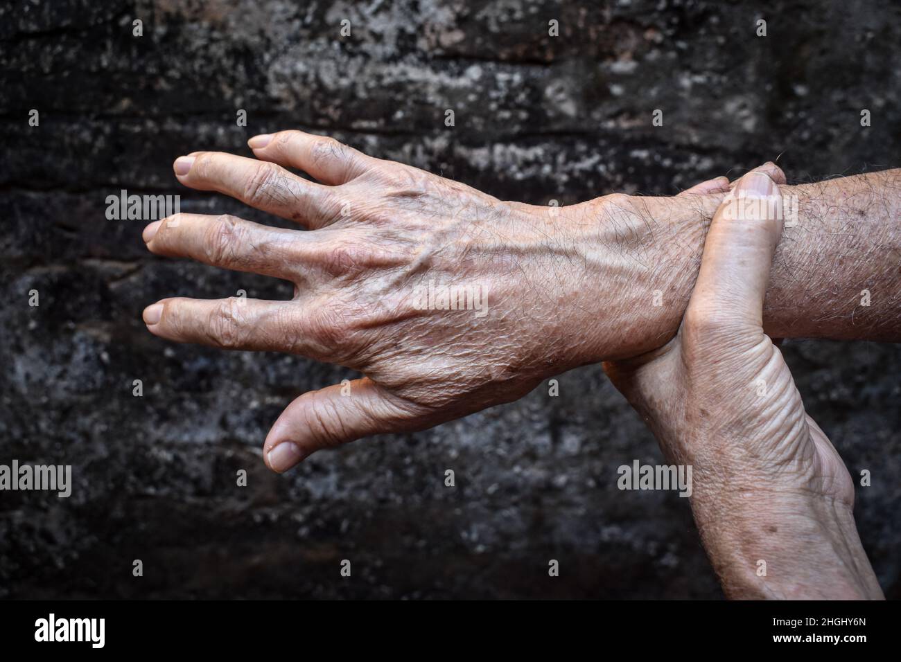 Forearm and hand of Asian, Myanmar elder man. Concept of joint pain ...