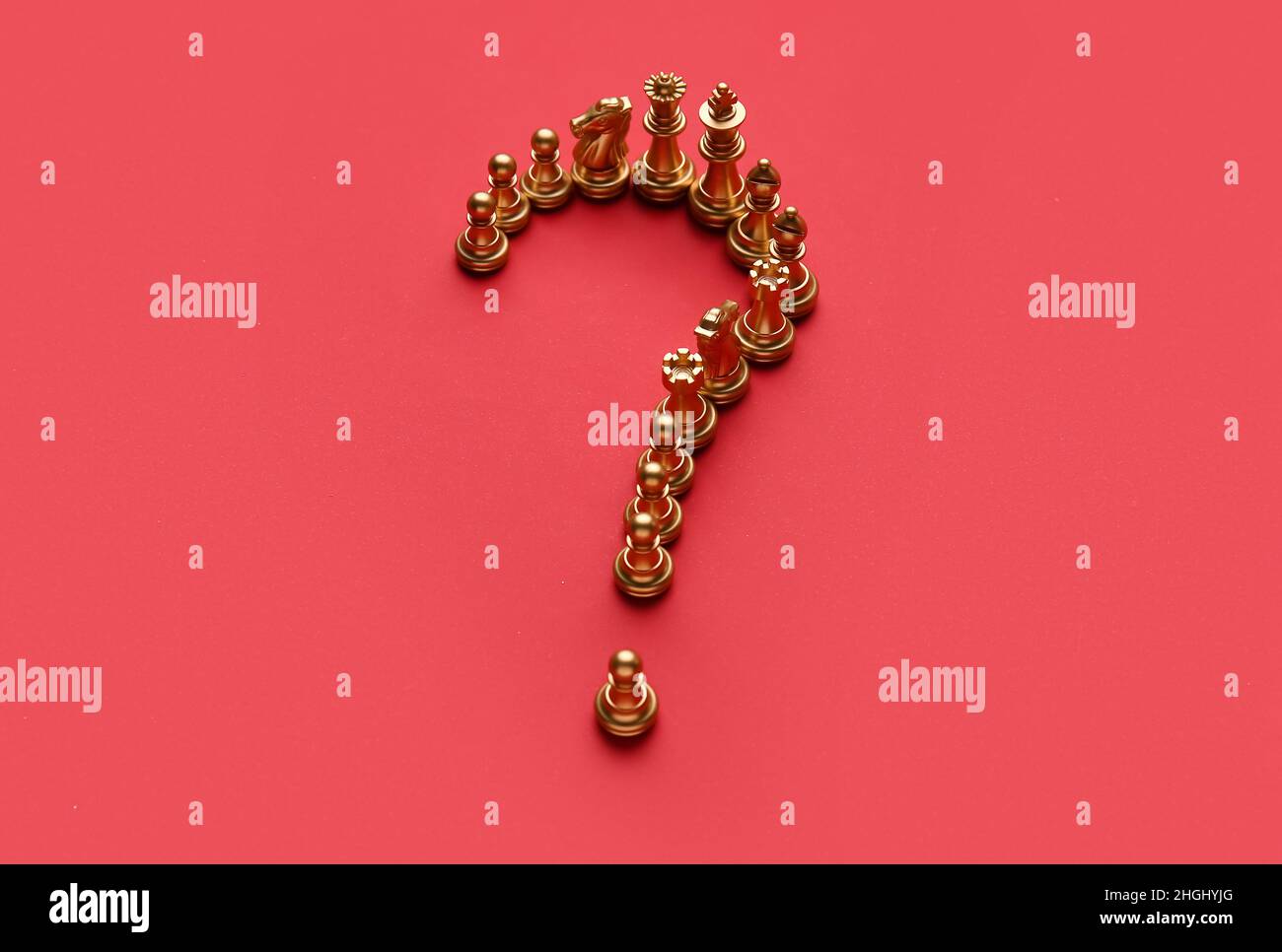 Question mark made of golden chess pieces on color background Stock ...